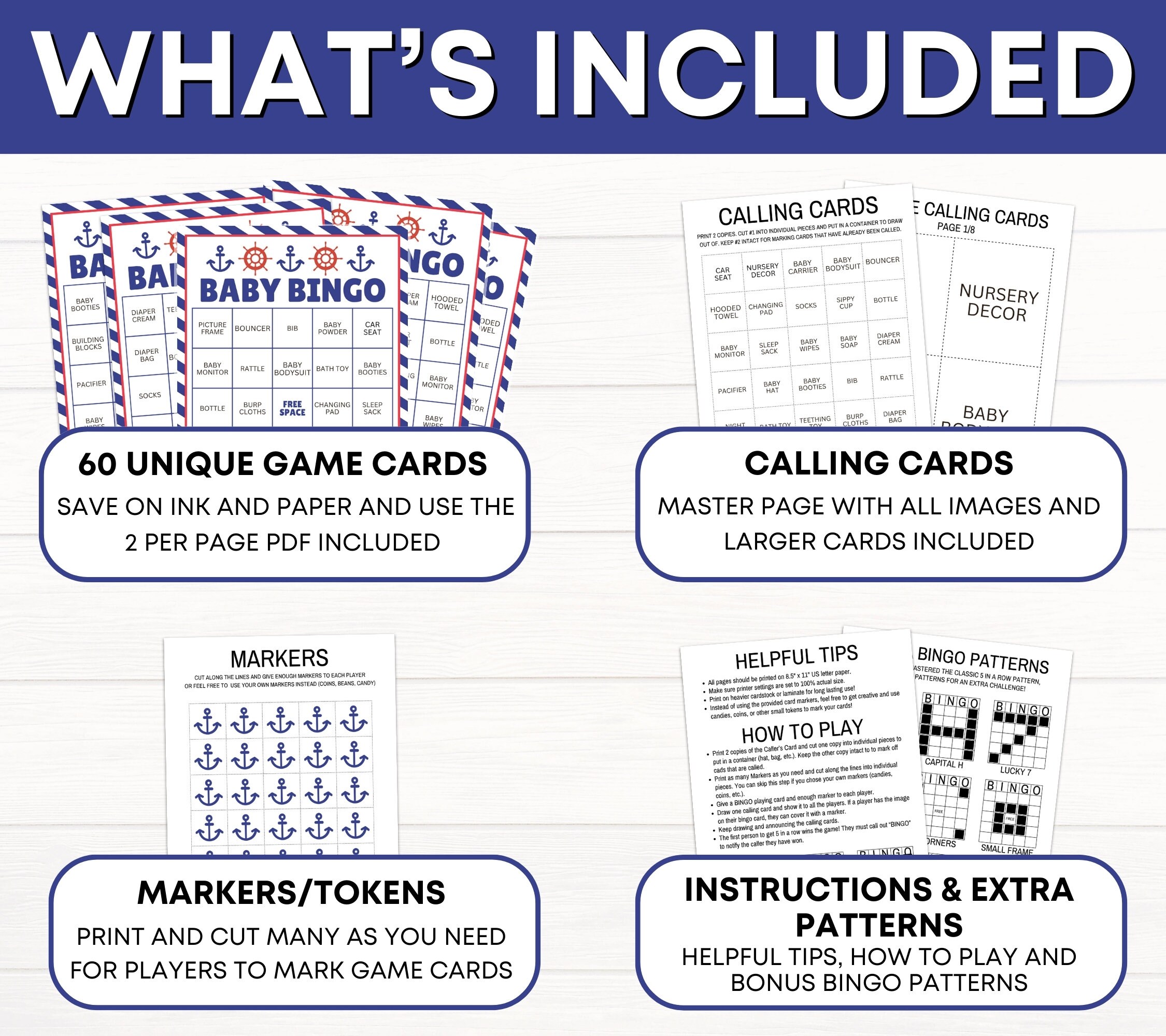 60 Ahoy Nautical Baby Shower Bingo Cards Printable Game, Baby Boy ...