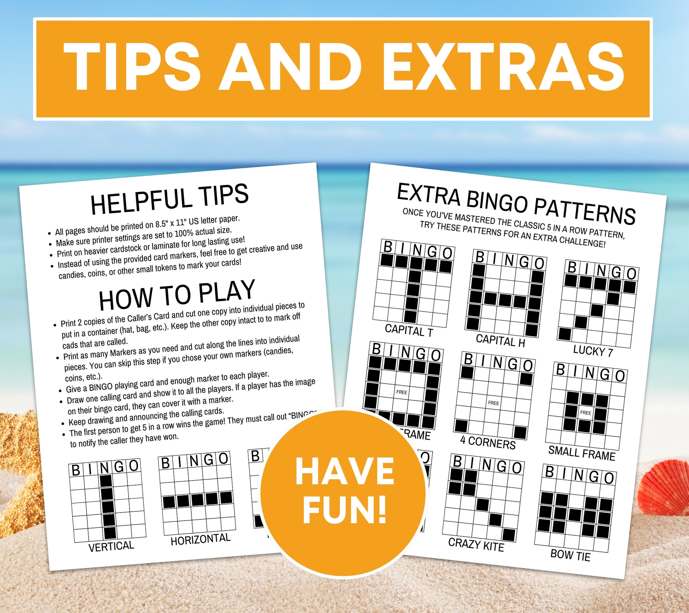 Juego imprimible de 60 cartas de bingo de playa, juego de bingo de ...