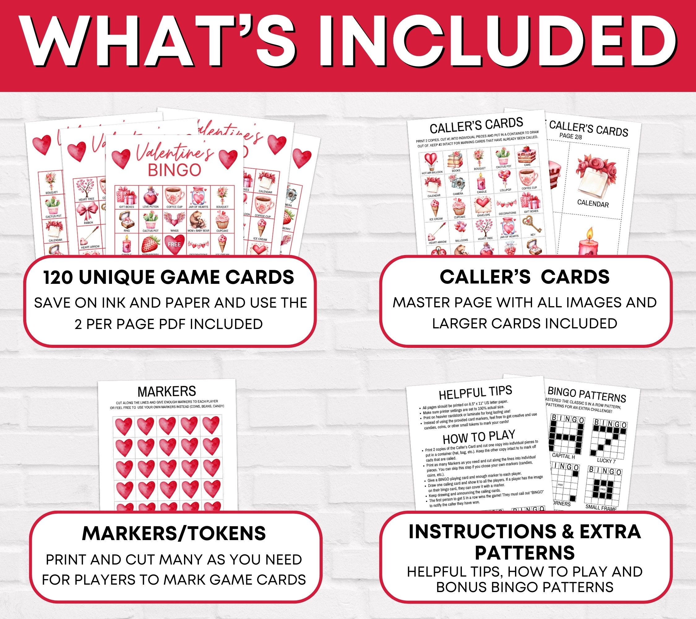 120 Valentines Bingo Game Cards Printable, Valentines Day Bingo Cards ...