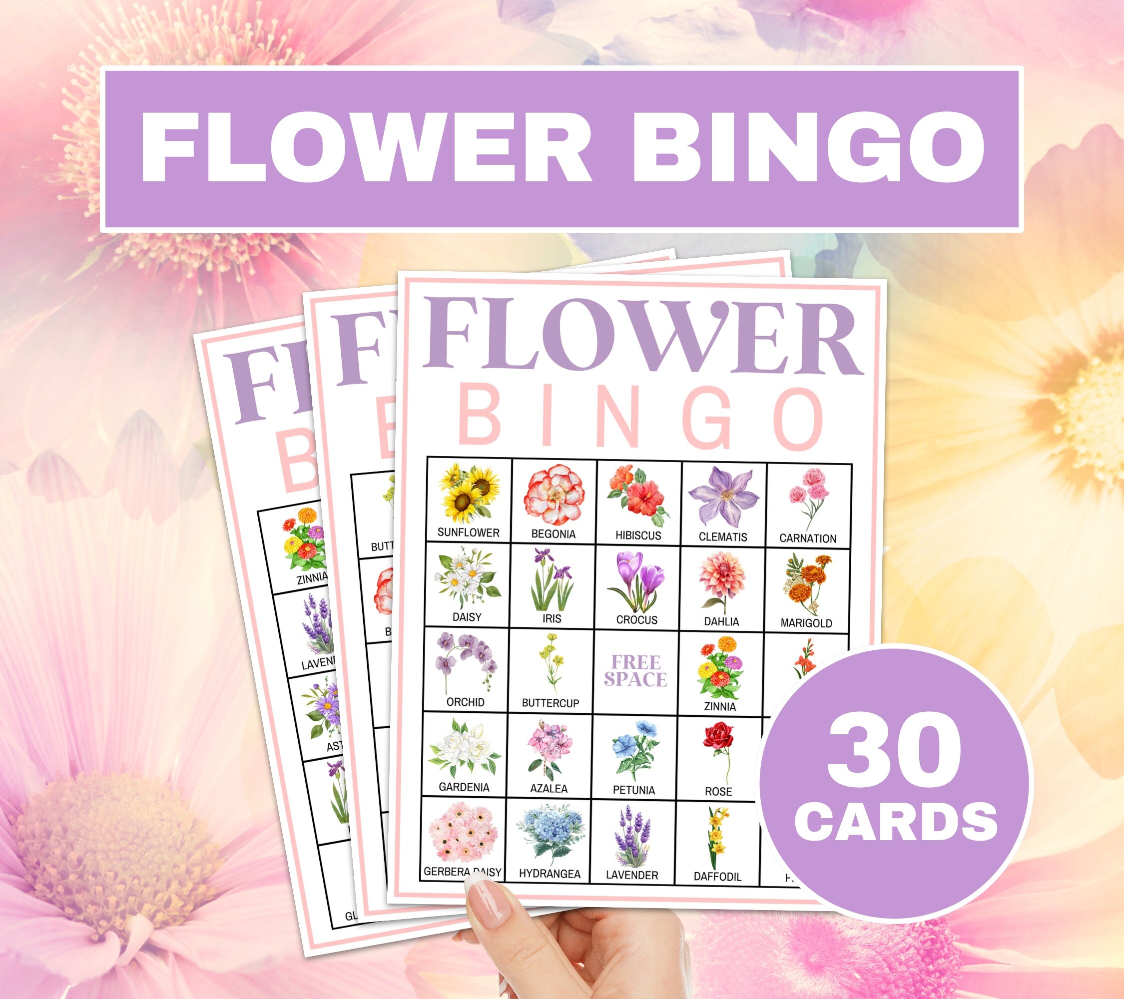 30 Flower Bingo Cards Printable Game, Floral Spring Bingo Boards Kids ...