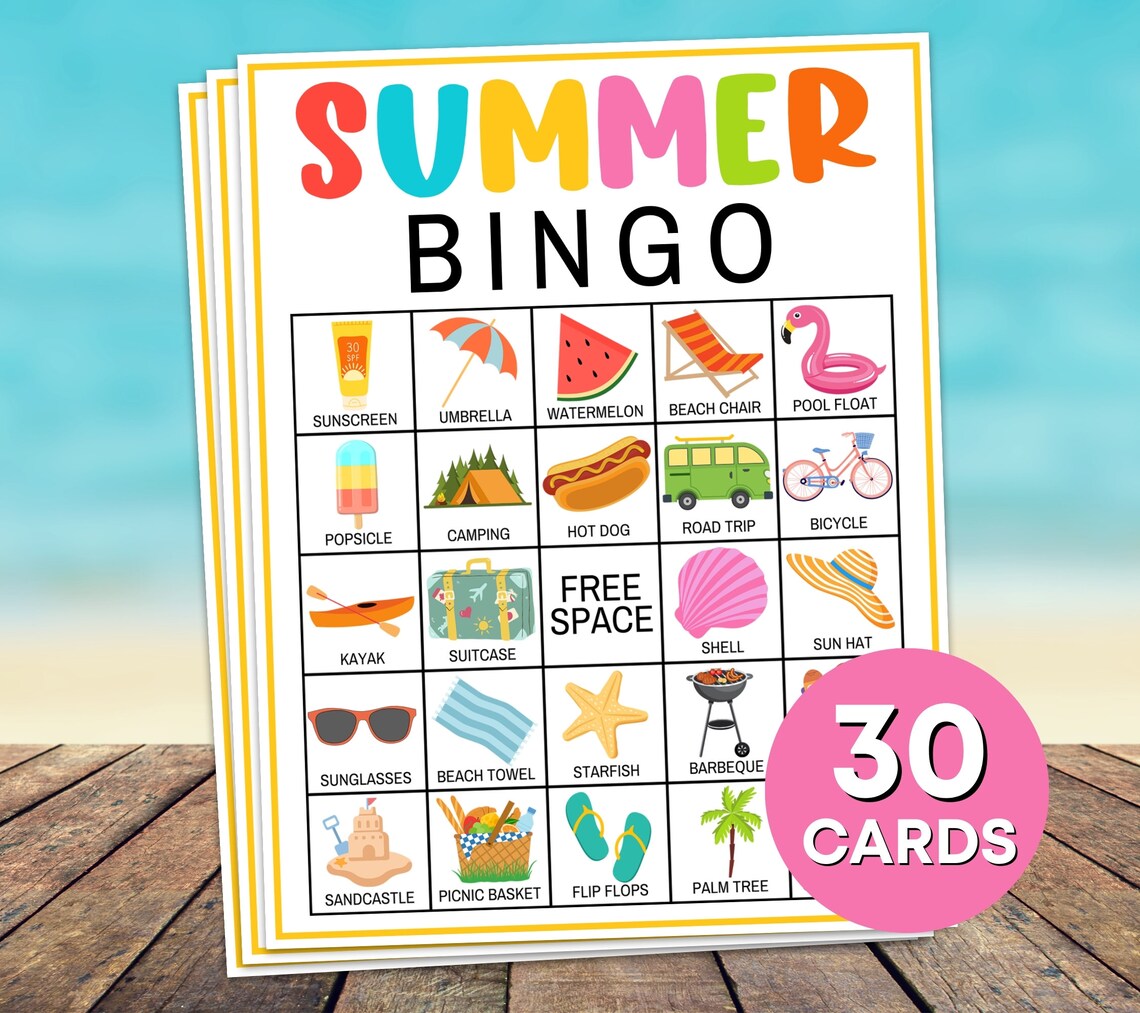 30 Summer Bingo Cards Printable Game, Summer Birthday Party Bingo Game ...