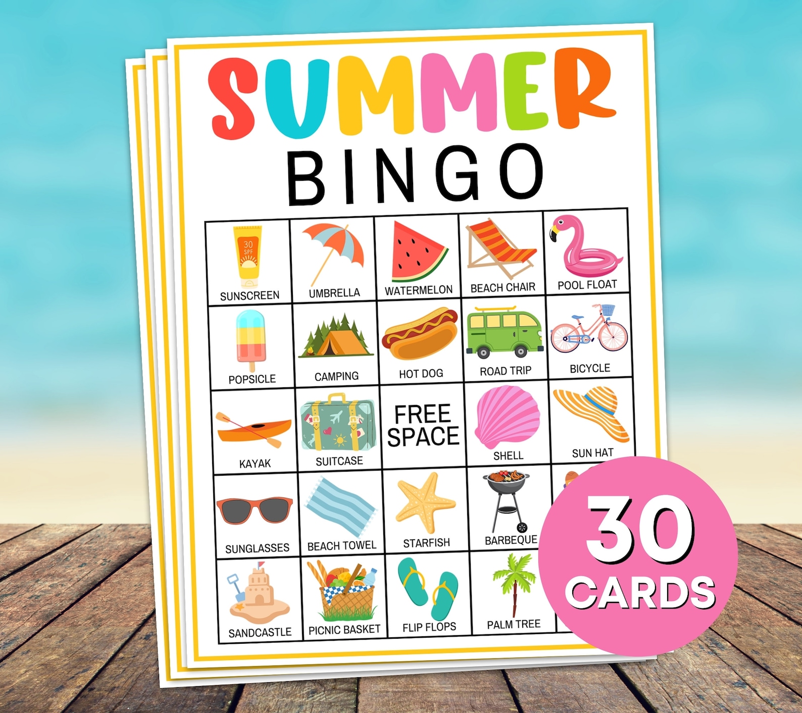 30 Summer Bingo Cards Printable Game, Summer Birthday Party Bingo Game ...