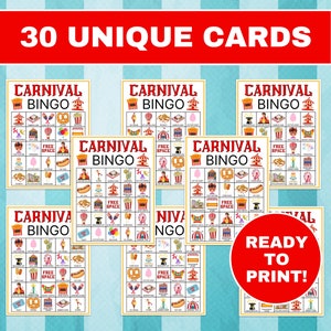 30 Carnival Bingo Cards Printable Game, Carnival Party Bingo Boards ...