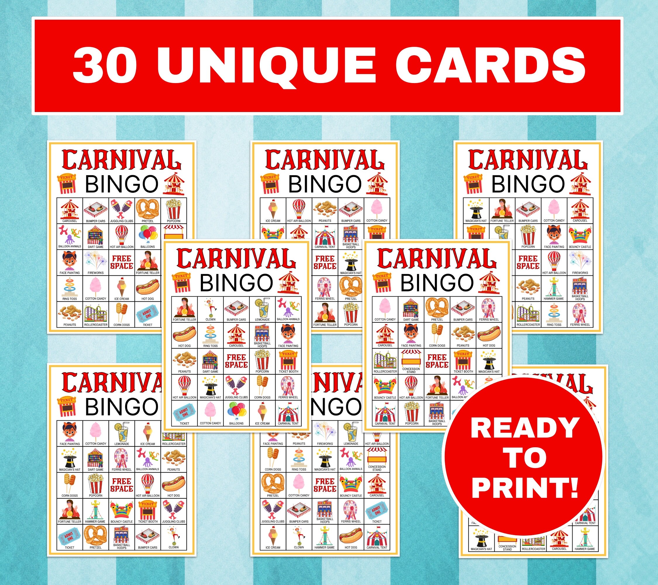 30 Carnival Bingo Cards Printable Game, Carnival Party Bingo Boards ...