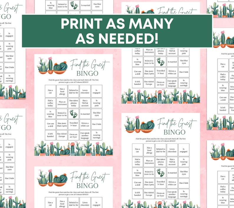 Cactus Baby Shower Bingo Game Printable, Find the Guest Bingo Card ...