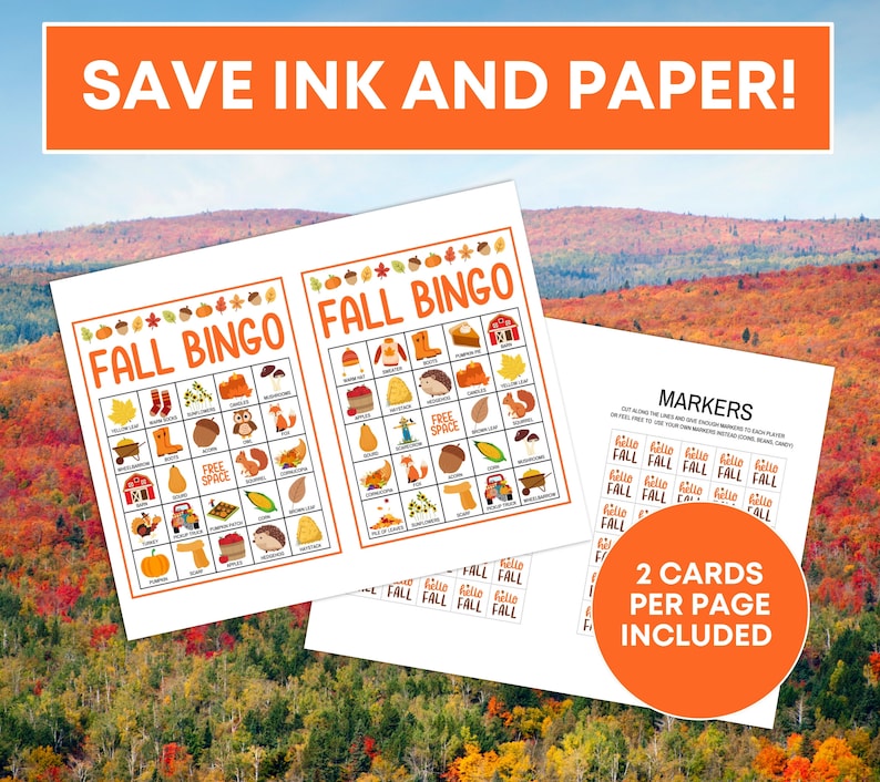 30 Juego imprimible de cartas de bingo de otoño, Tableros de bingo de ...