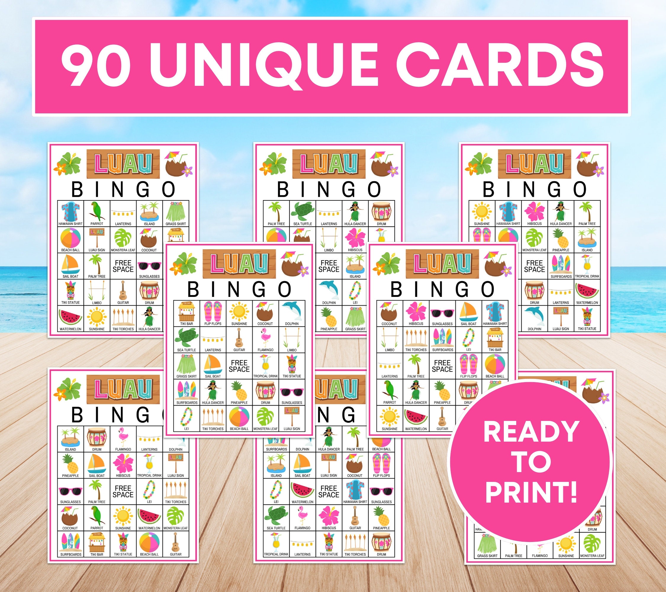 90 Luau Bingo Cards Printable Game, Aloha Hawaiian Birthday Party Bingo ...