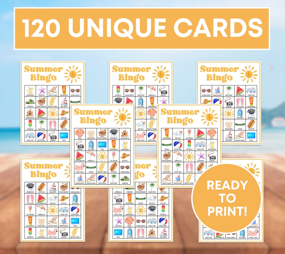 120 Summer Bingo Cards Printable Game, Summer Birthday Party Bingo Game ...