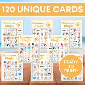 120 Summer Bingo Cards Printable Game, Summer Birthday Party Bingo Game ...