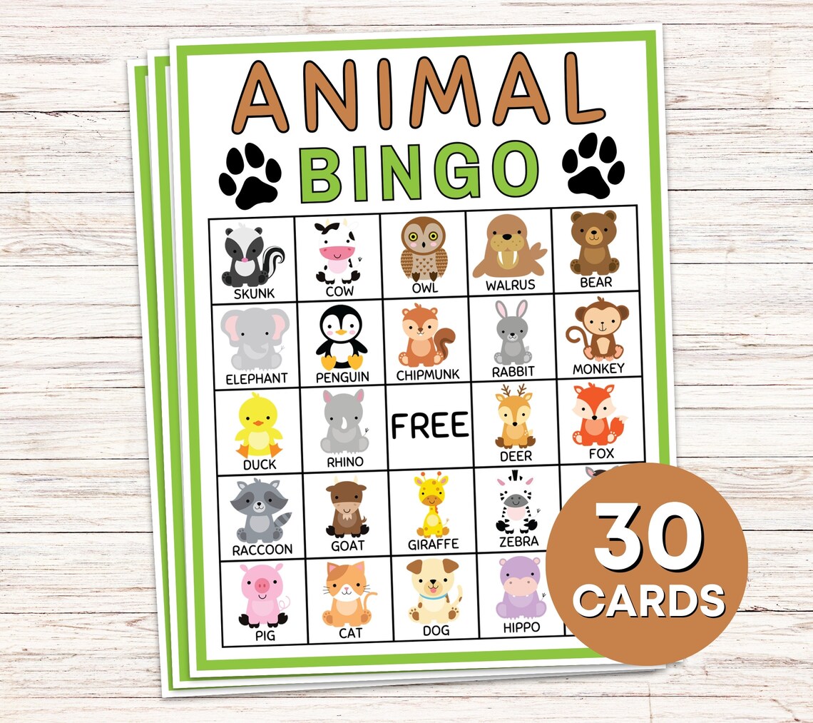 30 Animal Bingo Cards Printable Game, Zoo Baby Animal Bingo Boards ...