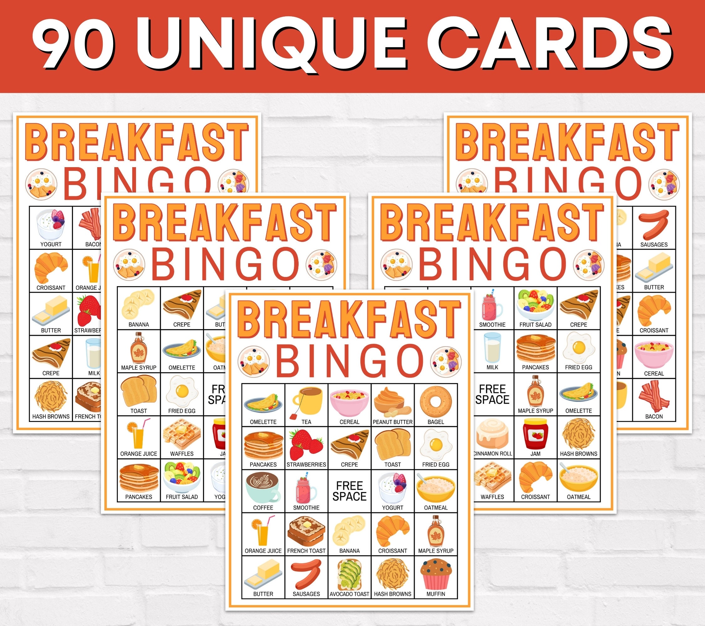 90 Breakfast Bingo Cards Printable Game, Sunday Brunch Bingo Board Game ...