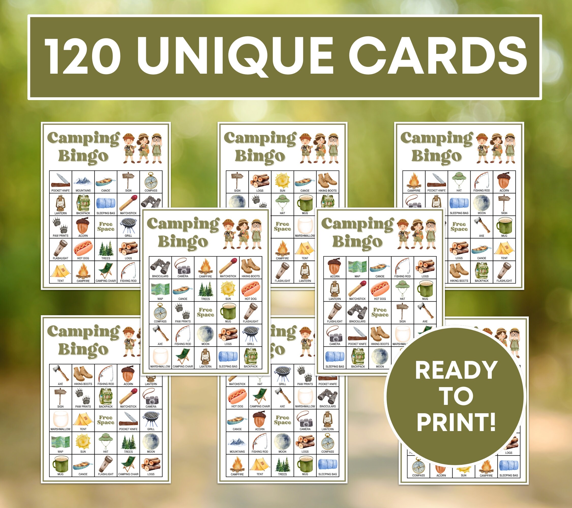 120 Camping Bingo Cards Printable Game, Camping Party Bingo Game ...