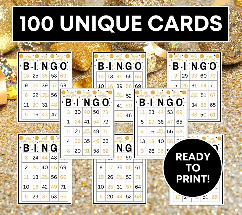 100 New Years Eve Bingo Cards Printable Game, New Years Bingo Party ...
