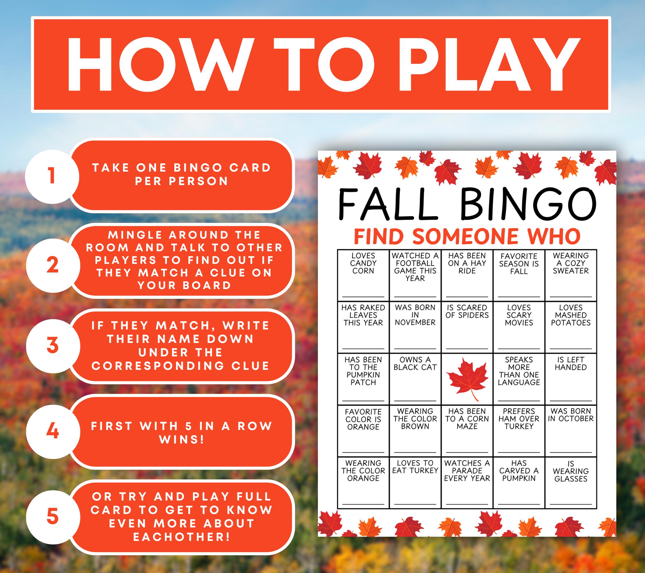 60 Fall Mingle Bingo Cards Printable Game, Fall Autumn Find Someone Who ...