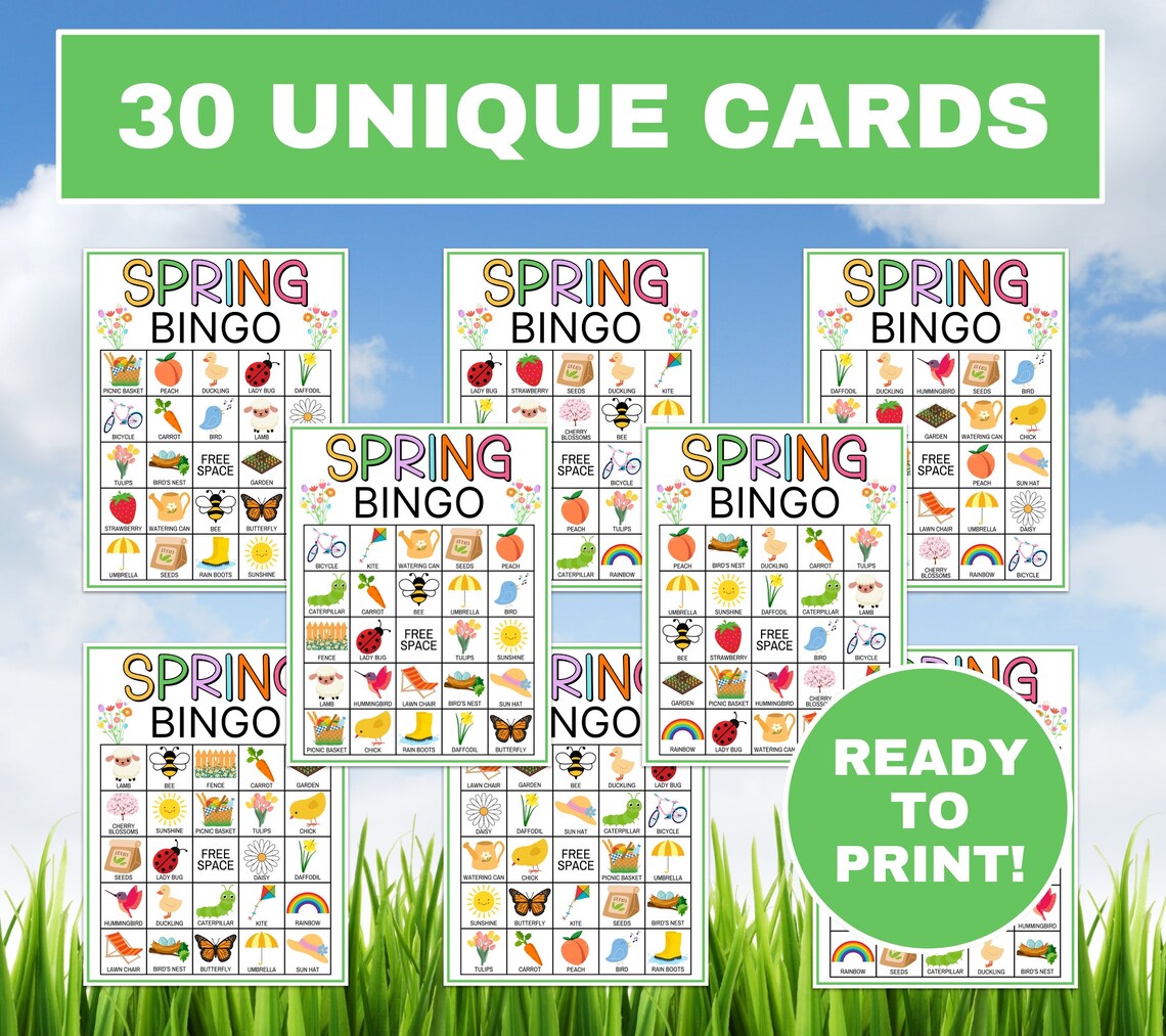 30 Spring Bingo Cards Printable Game, Spring Bingo Kids Classroom ...