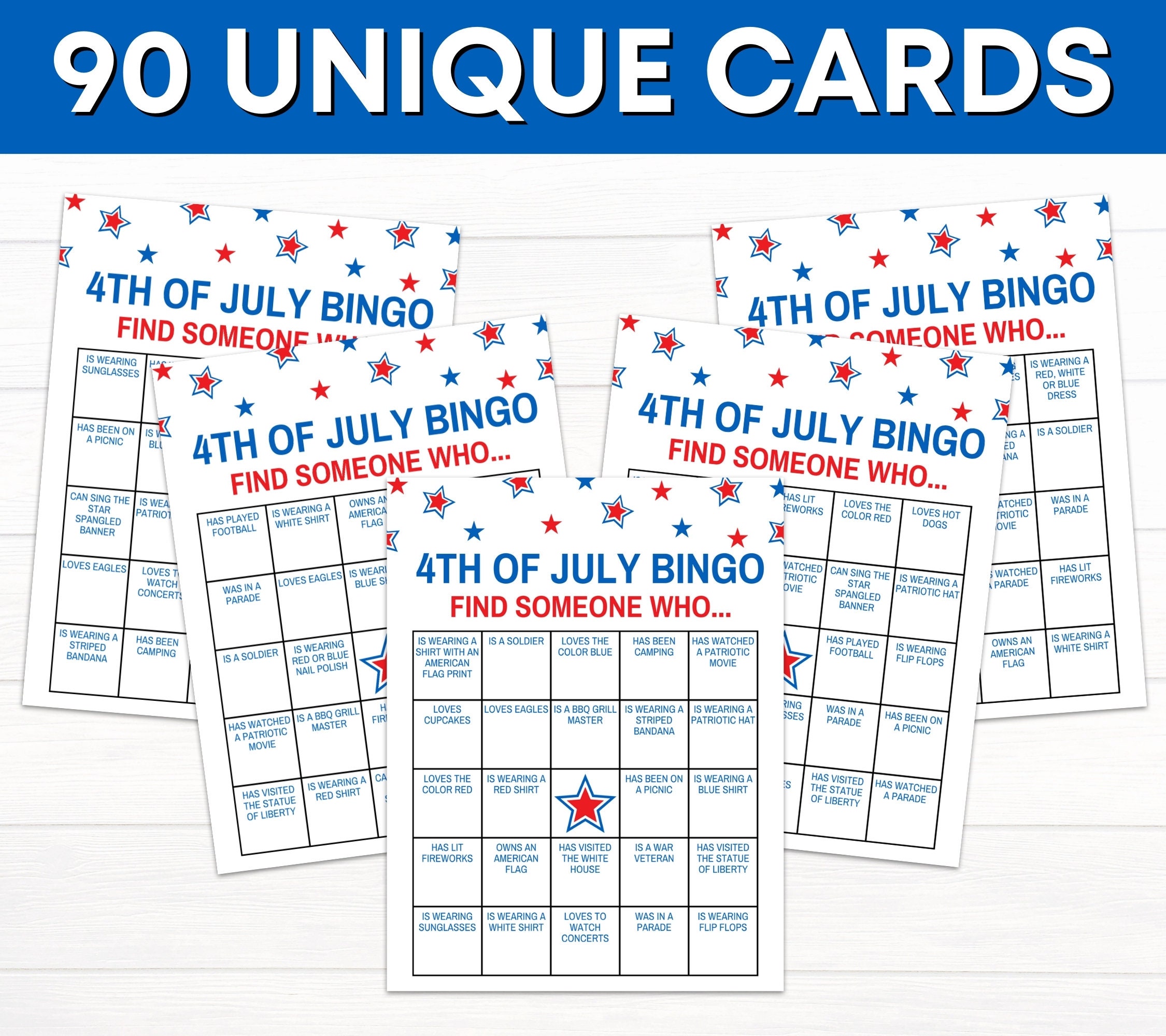 90 Fourth of July Find Someone Who Bingo Cards, 4th of July USA ...