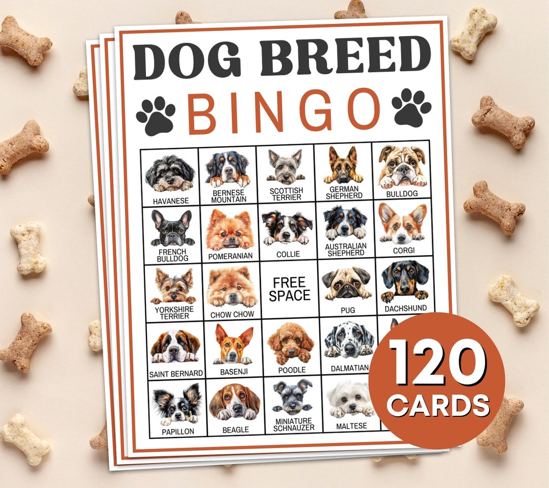 120 Dog Breed Bingo Cards Printable Game, Dog Bingo Cards Game, Dog ...