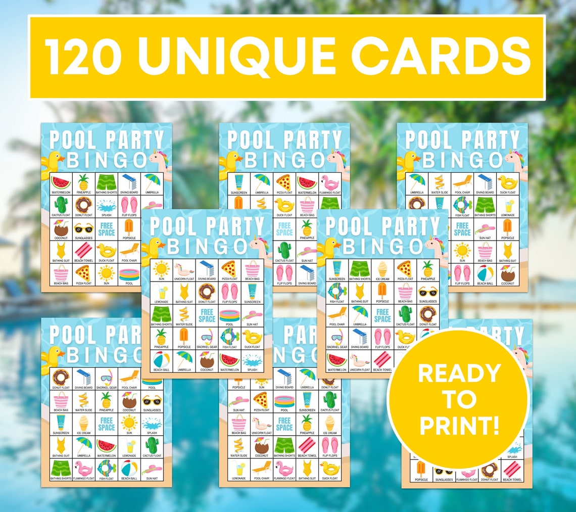 120 Pool Party Bingo Cards Printable Game, Summer Pool Party Birthday ...