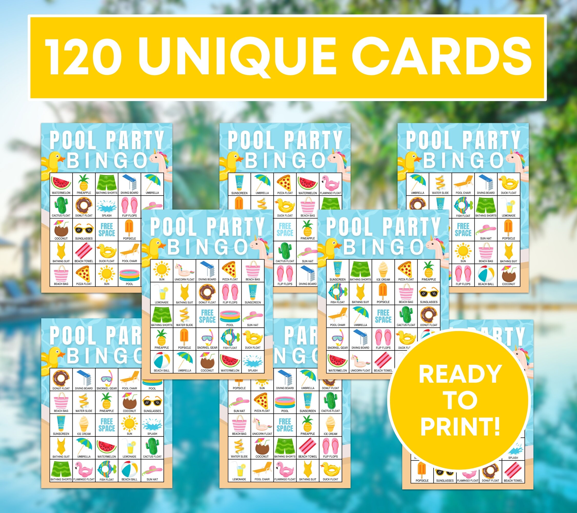 120 Pool Party Bingo Cards Printable Game, Summer Pool Party Birthday ...