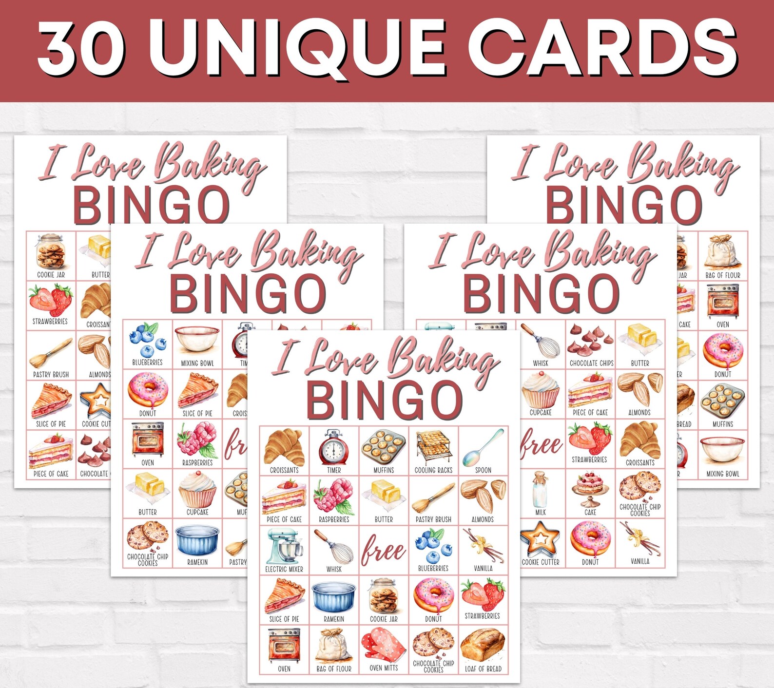 30 Baking Bingo Game Cards Printable, Baking Birthday Party Bingo ...