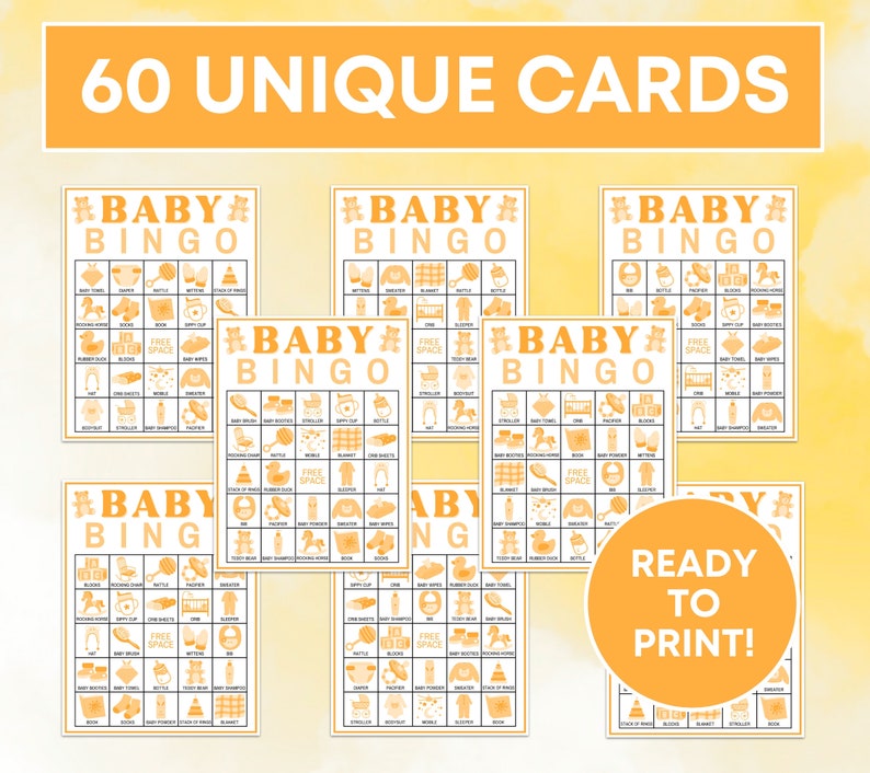 60 Baby Bingo Cards Printable Game, Yellow Baby Shower Bingo Game Board ...