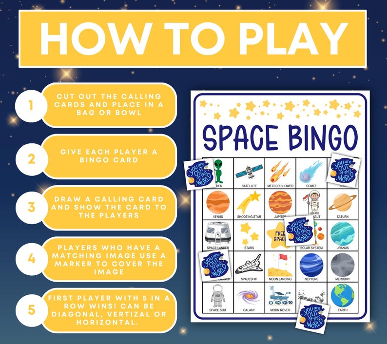 90 Space Bingo Cards Printable Game, Outer Space Birthday Party Game ...