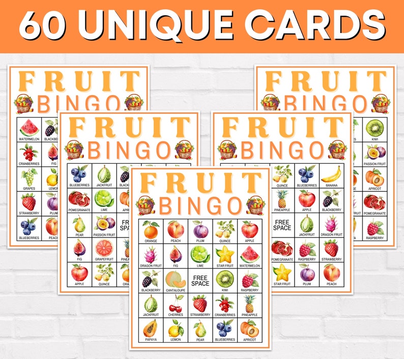 60 Fruit Bingo Cards Printable Game, Fruit Bingo Boards Game, Fruit ...