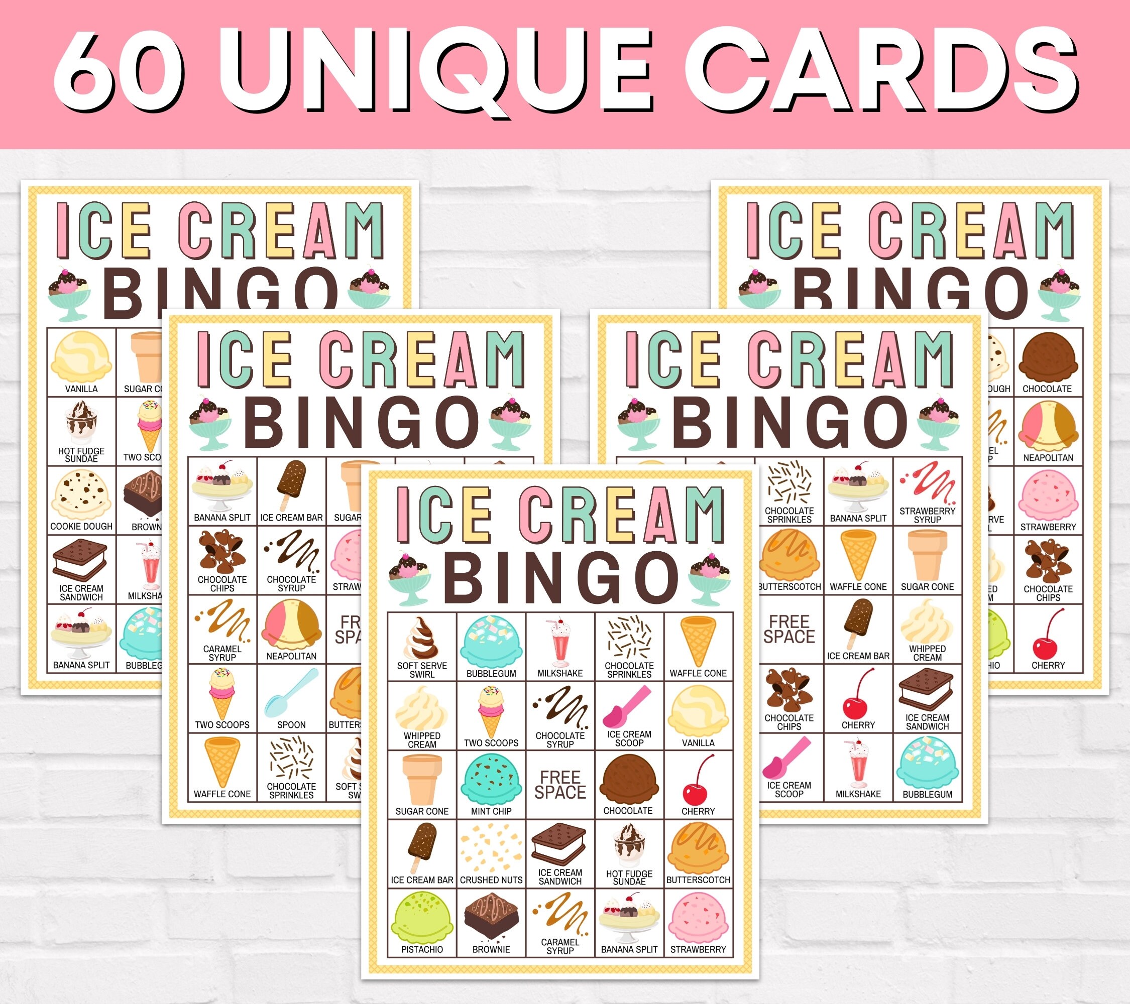 60 Ice Cream Bingo Cards Printable Game, Ice Cream Birthday Party Bingo ...