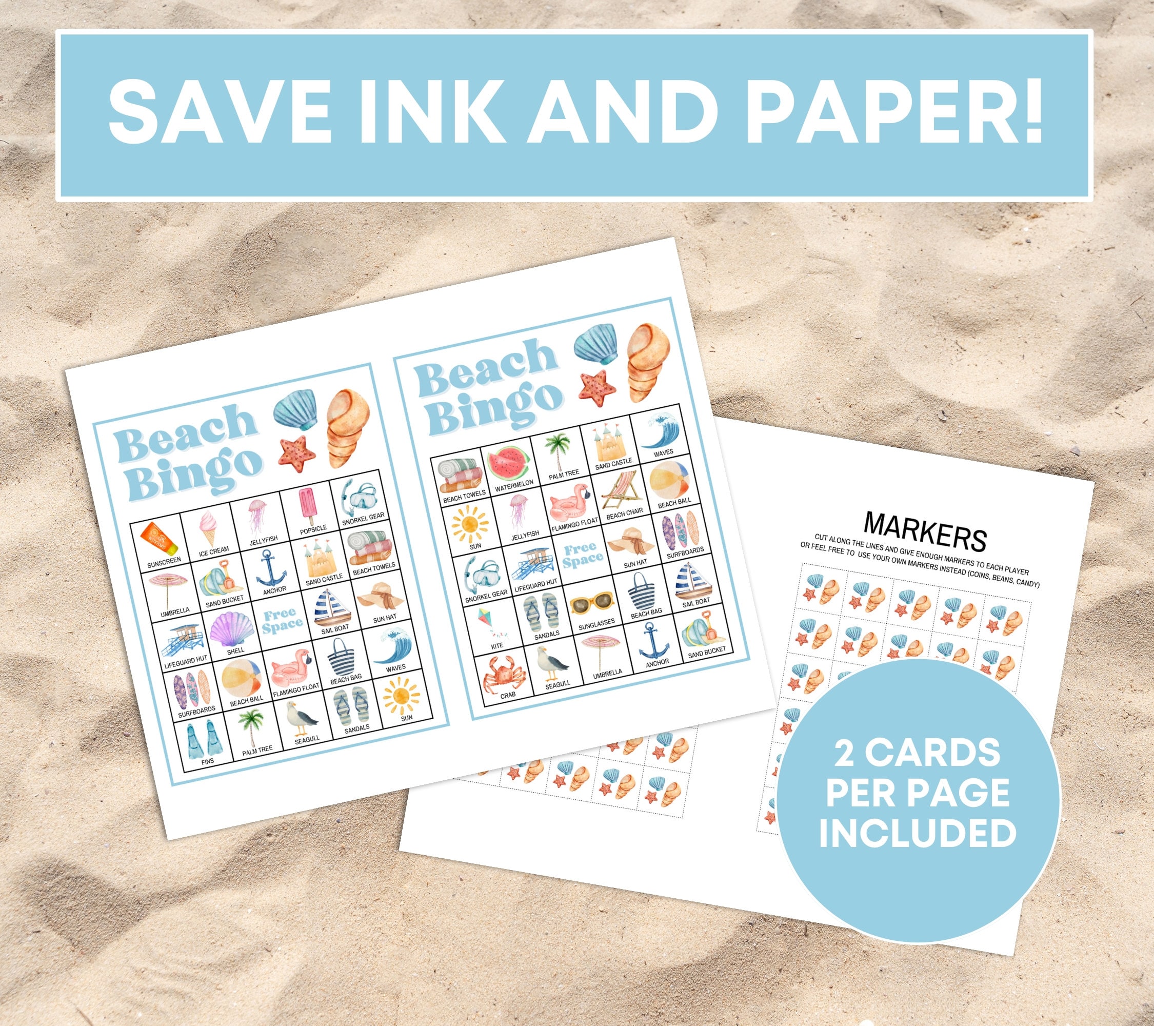 60 Beach Bingo Cards Printable Game, Beach Day Birthday Party Bingo ...