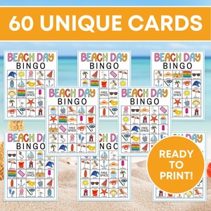 60 Beach Bingo Cards Printable Game, Beach Day Birthday Party Bingo ...