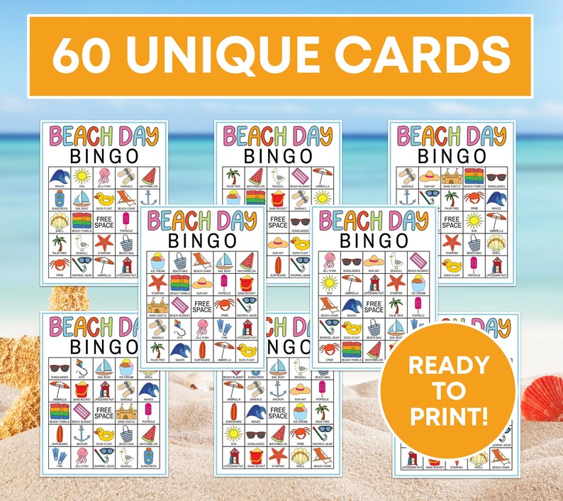 60 Beach Bingo Cards Printable Game, Beach Day Birthday Party Bingo ...