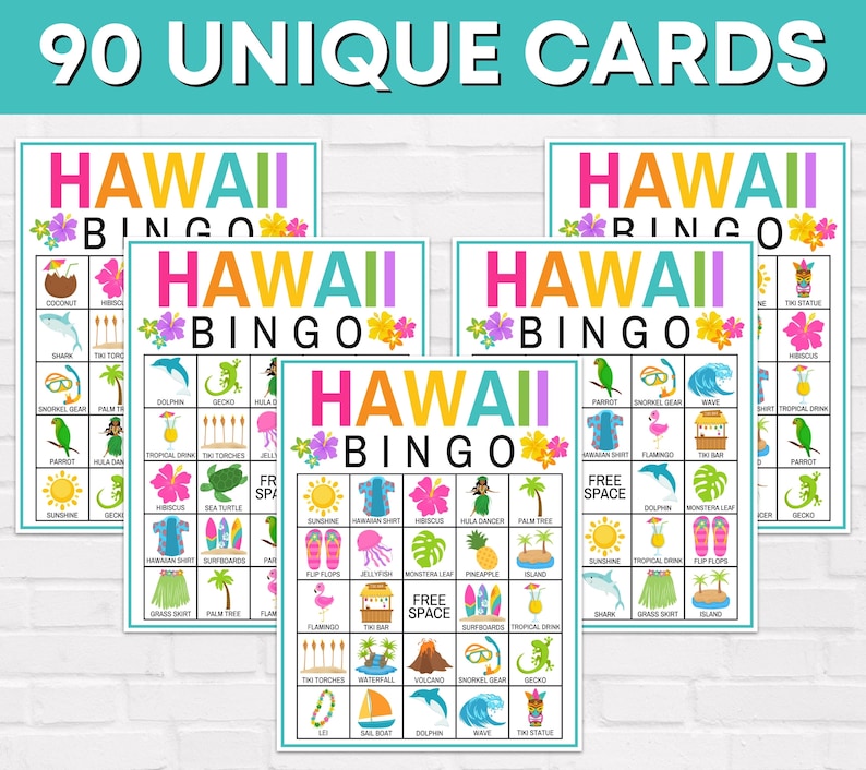 90 Hawaii Bingo Cards Printable Game, Luau Aloha Hawaiian Birthday ...