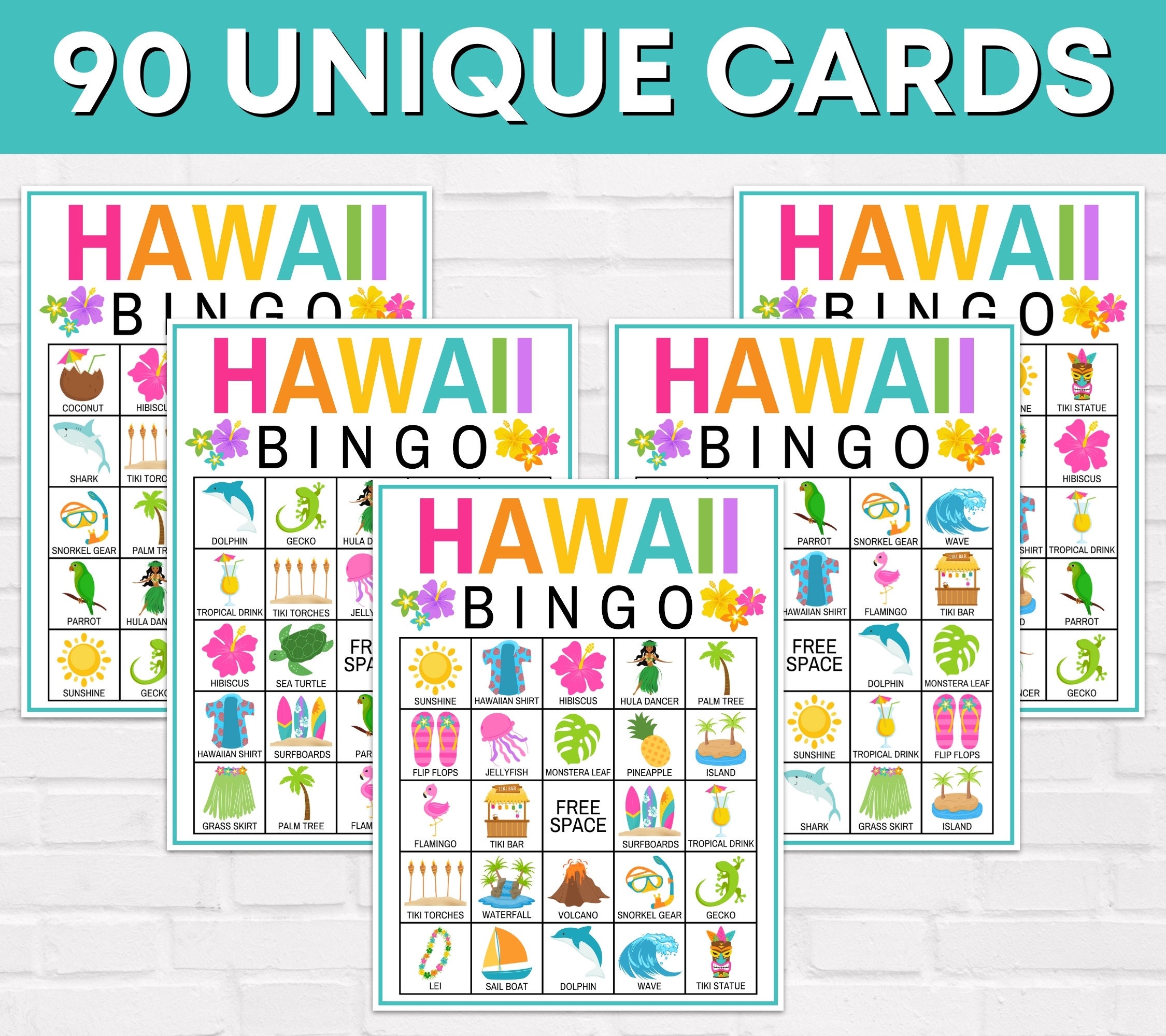 90 Hawaii Bingo Cards Printable Game, Luau Aloha Hawaiian Birthday ...