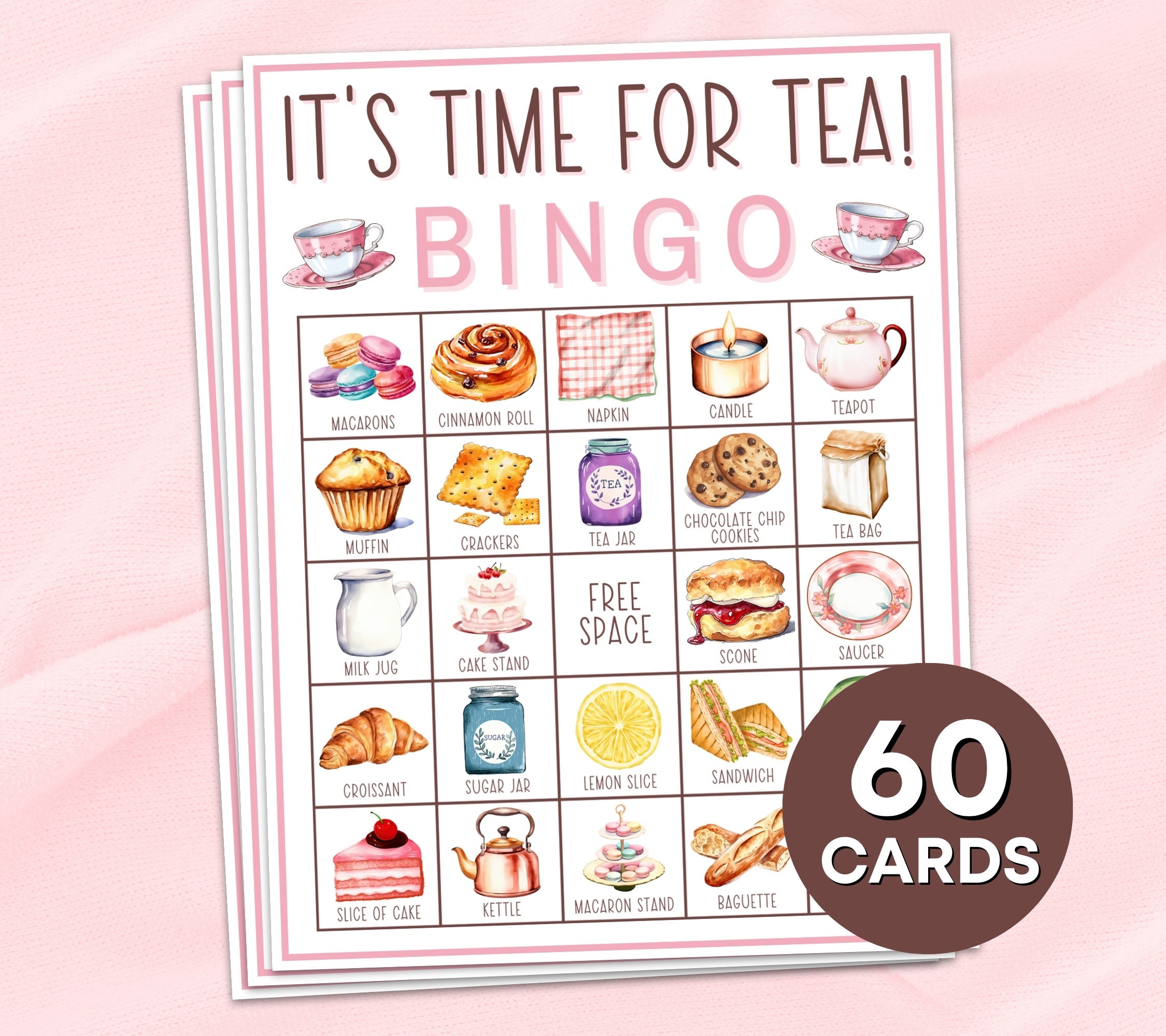 60 Tea Party Bingo Cards Printable Game, Tea Party Bridal Shower Bingo ...