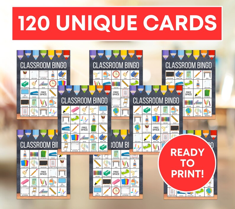 120 School Classroom Bingo Cards Printable Game, First Day Back to ...
