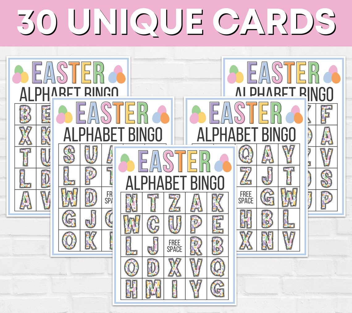 30 Easter Alphabet Bingo Game Cards Printable, Easter Party Game ...