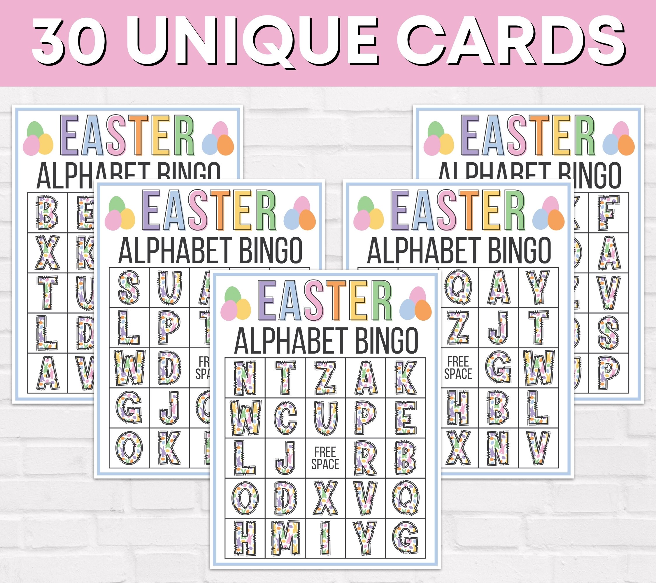 30 Easter Alphabet Bingo Game Cards Printable, Easter Party Game ...
