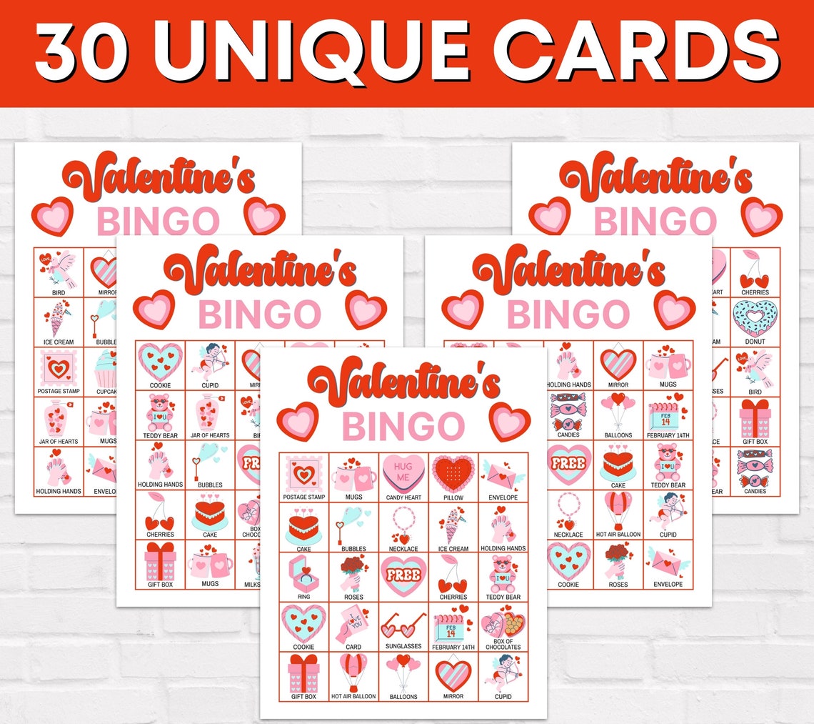 30 Valentines Bingo Game Cards Printable, Valentine's Day Bingo Cards ...
