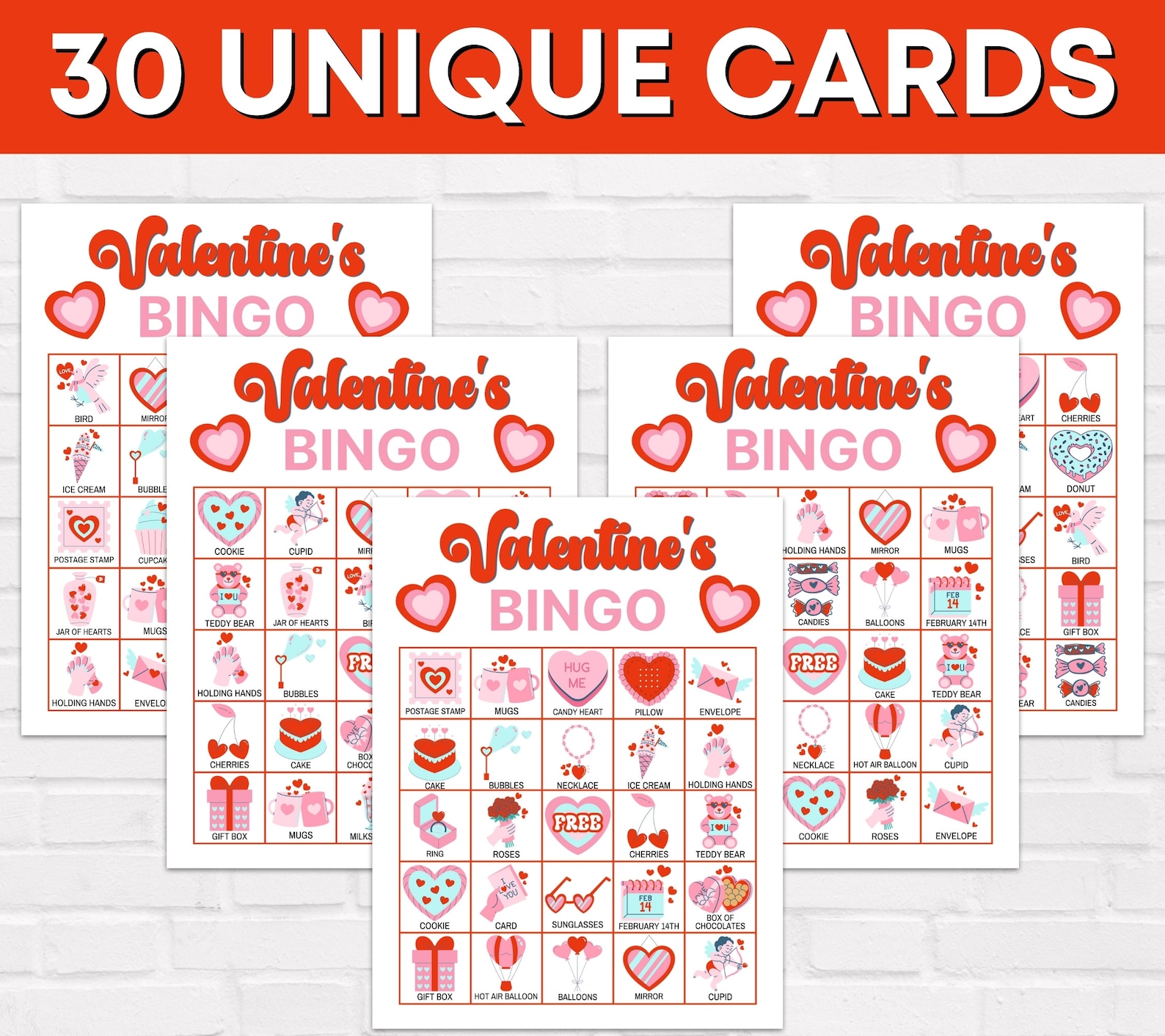 30 Valentines Bingo Game Cards Printable, Valentine's Day Bingo Cards ...