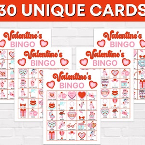 30 Valentines Bingo Game Cards Printable, Valentine's Day Bingo Cards ...