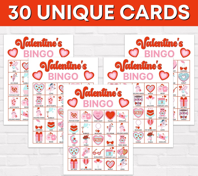 30 Valentines Bingo Game Cards Printable, Valentine's Day Bingo Cards ...