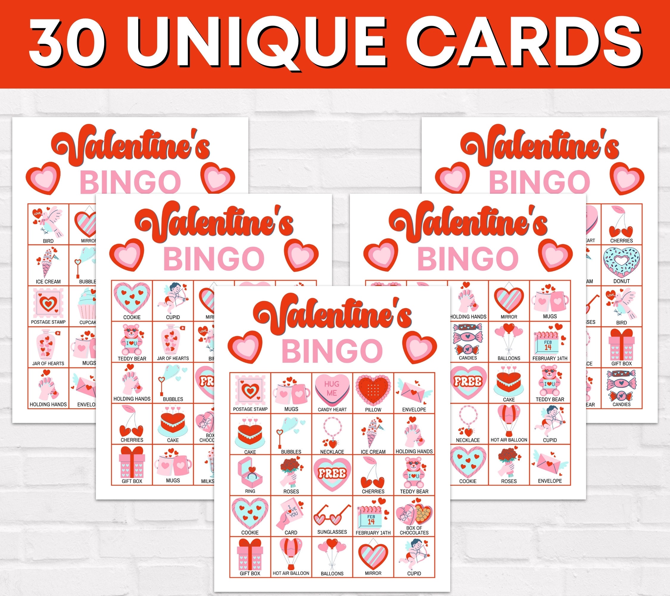 30 Valentines Bingo Game Cards Printable, Valentine's Day Bingo Cards ...