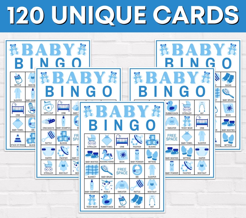 120 Baby Bingo Cards Printable Game, Baby Boy Shower Bingo Game Boards ...