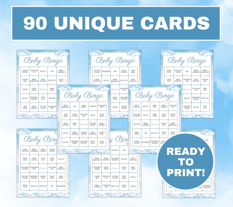 90 Clouds Baby Shower Bingo Cards Printable Game, Blue Clouds Baby Boy ...