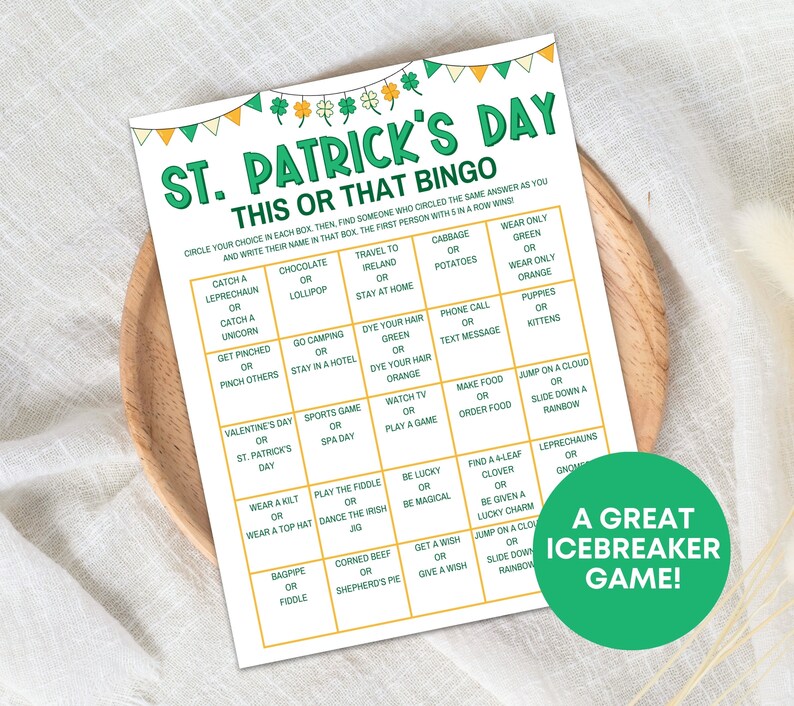 St Patrick's Day This or That Bingo Game, St Patricks Day Party Mingle ...