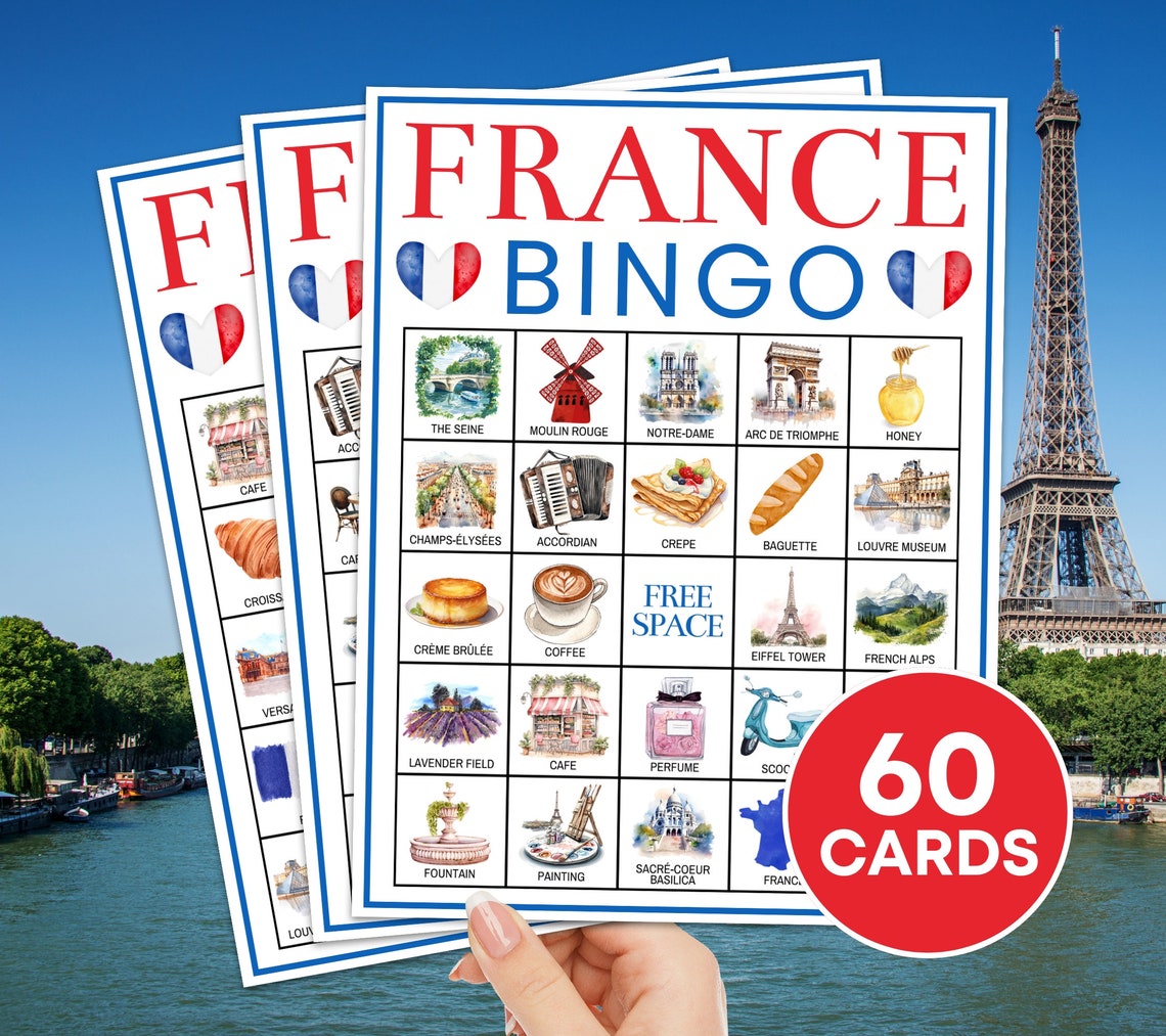 60 France Bingo Cards Printable Game, Paris France Travel Bingo Boards ...