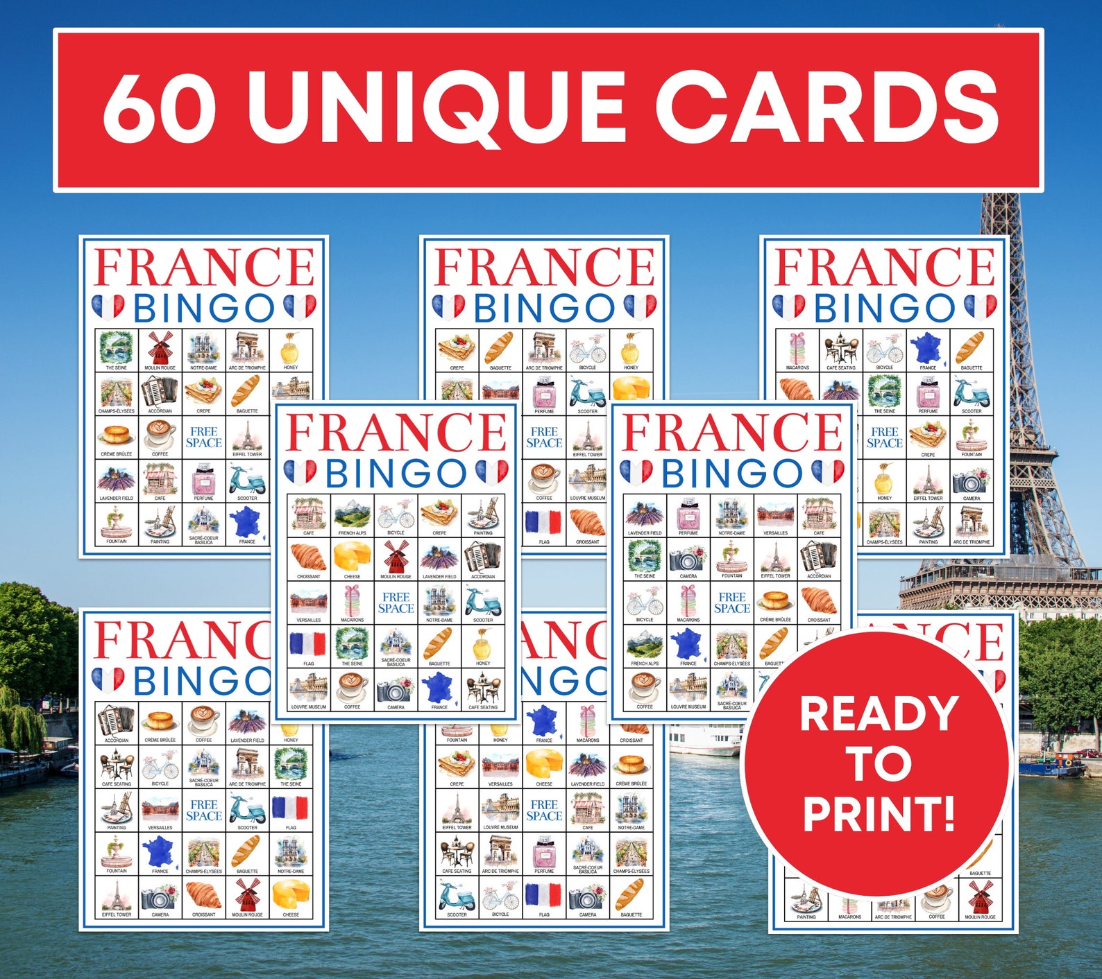 60 France Bingo Cards Printable Game, Paris France Travel Bingo Boards ...
