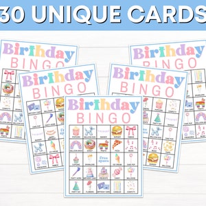 30 Birthday Bingo Cards Printable Game, Pastel Kids Birthday Bingo Boards Party Game, Girls ...