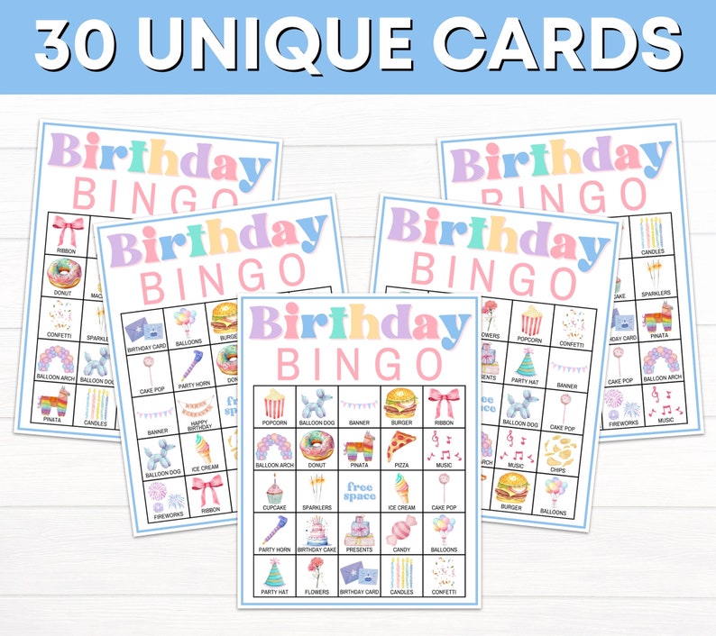 30 Birthday Bingo Cards Printable Game, Pastel Kids Birthday Bingo Boards Party Game, Girls ...
