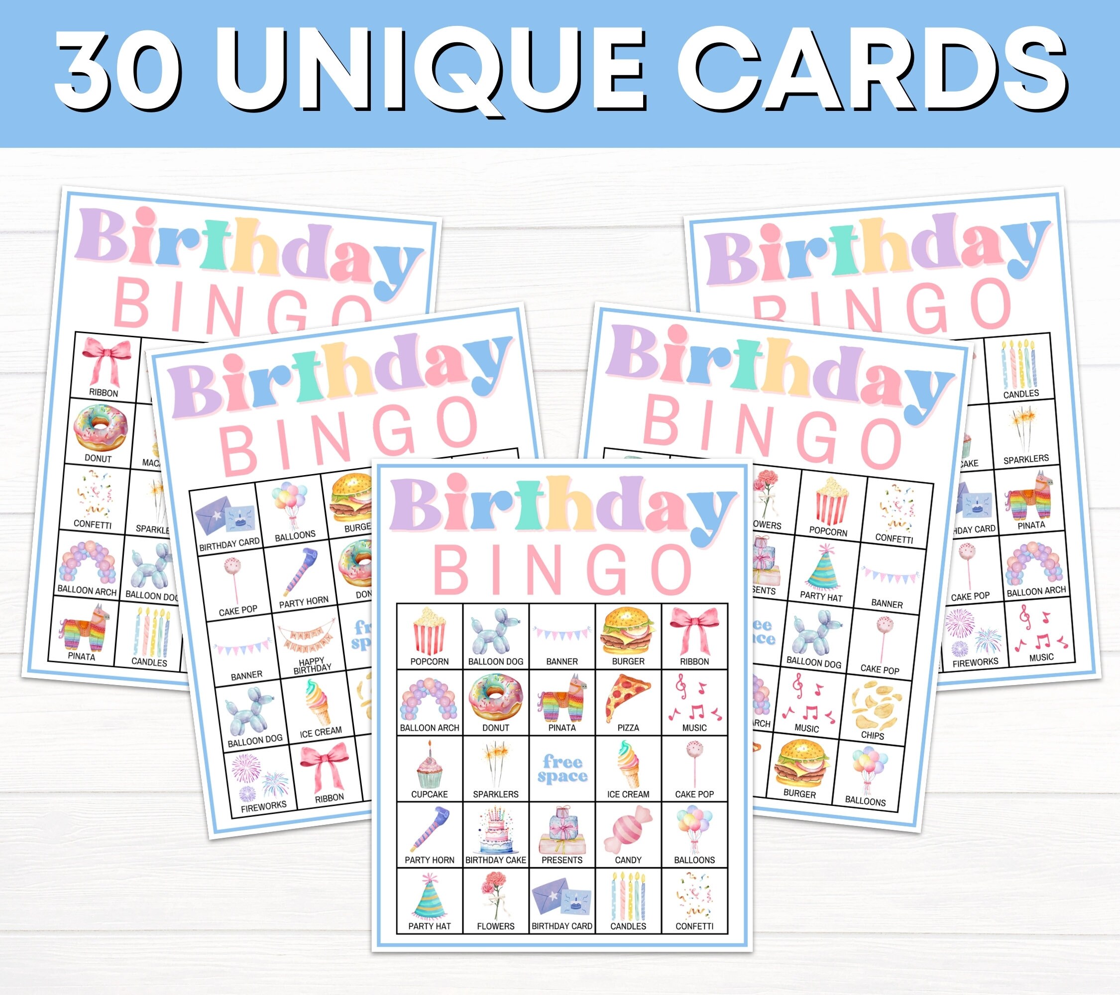 30 Birthday Bingo Cards Printable Game, Pastel Kids Birthday Bingo Boards Party Game, Girls ...